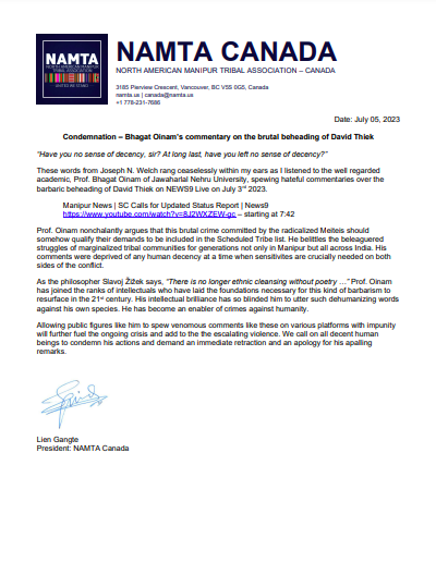 Condemnation – Bhagat Oinam’s Commentary on the Brutal Beheading of David Thiek – NAMTA